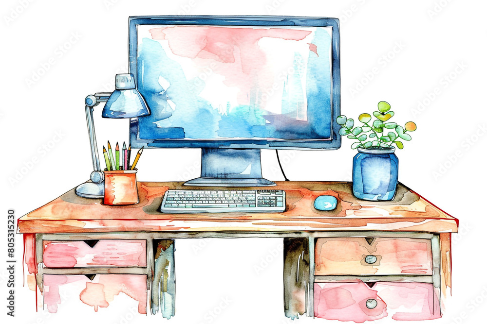 Whimsy watercolor of A Computer desk clipart, watercolor clipart ...
