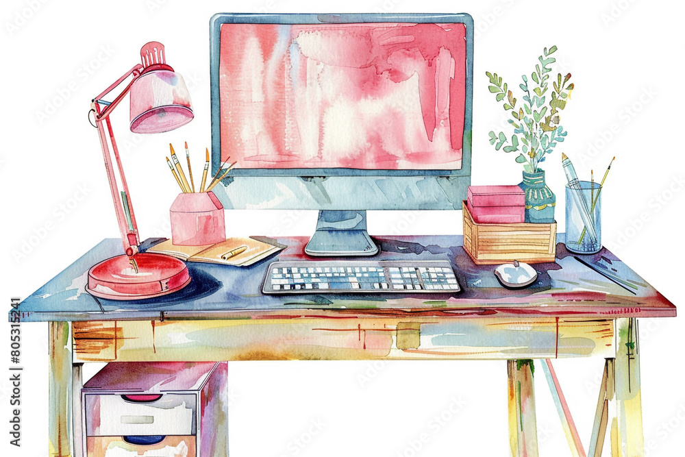 Whimsy watercolor of A Computer desk clipart, watercolor clipart ...