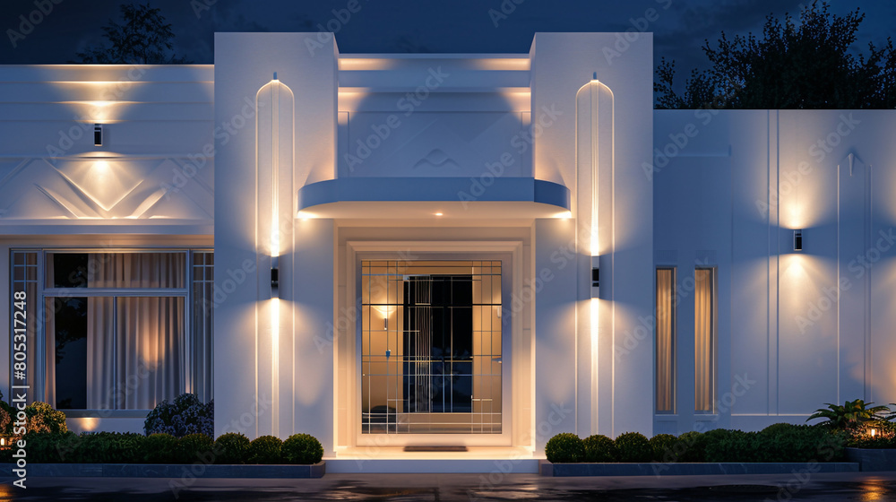 The facade of a white Art Deco house at night, where sleek sconces cast ...