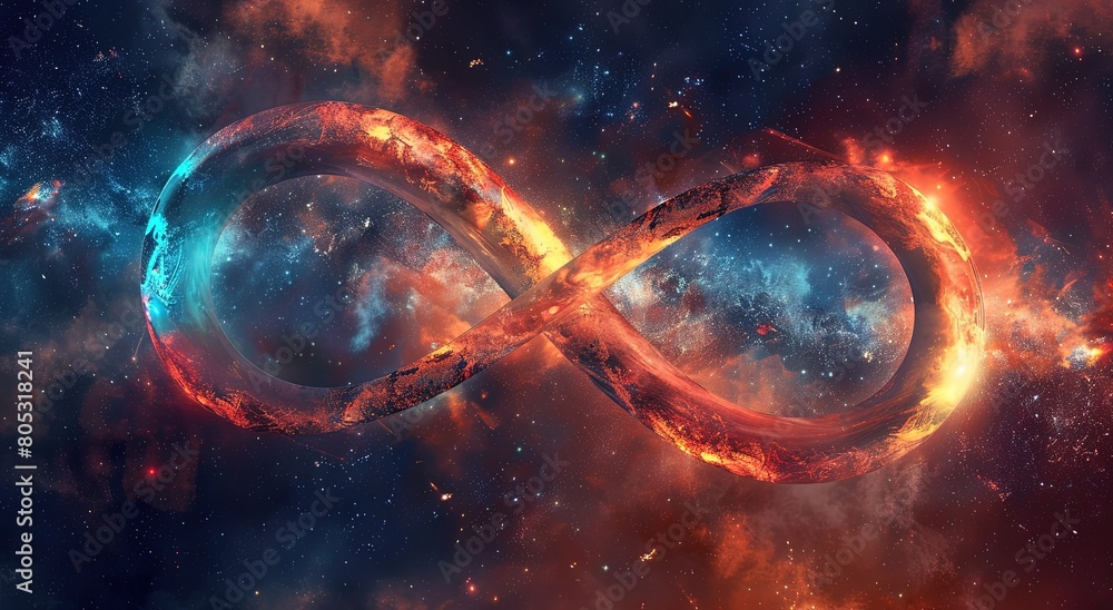 An infinity symbol with an outer space background, dark and colorful ...