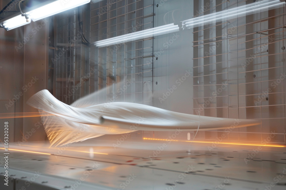 Zoomed-in image of a wind tunnel test for an aircraft wing model ...