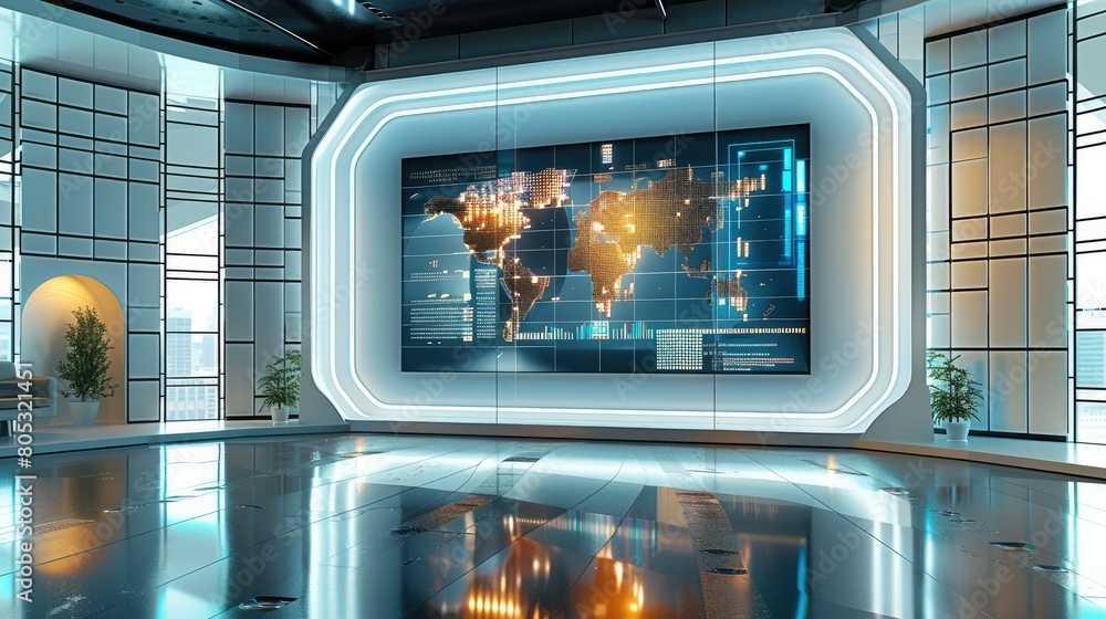 Big news room, with display on the screen about gold chart, with white ...