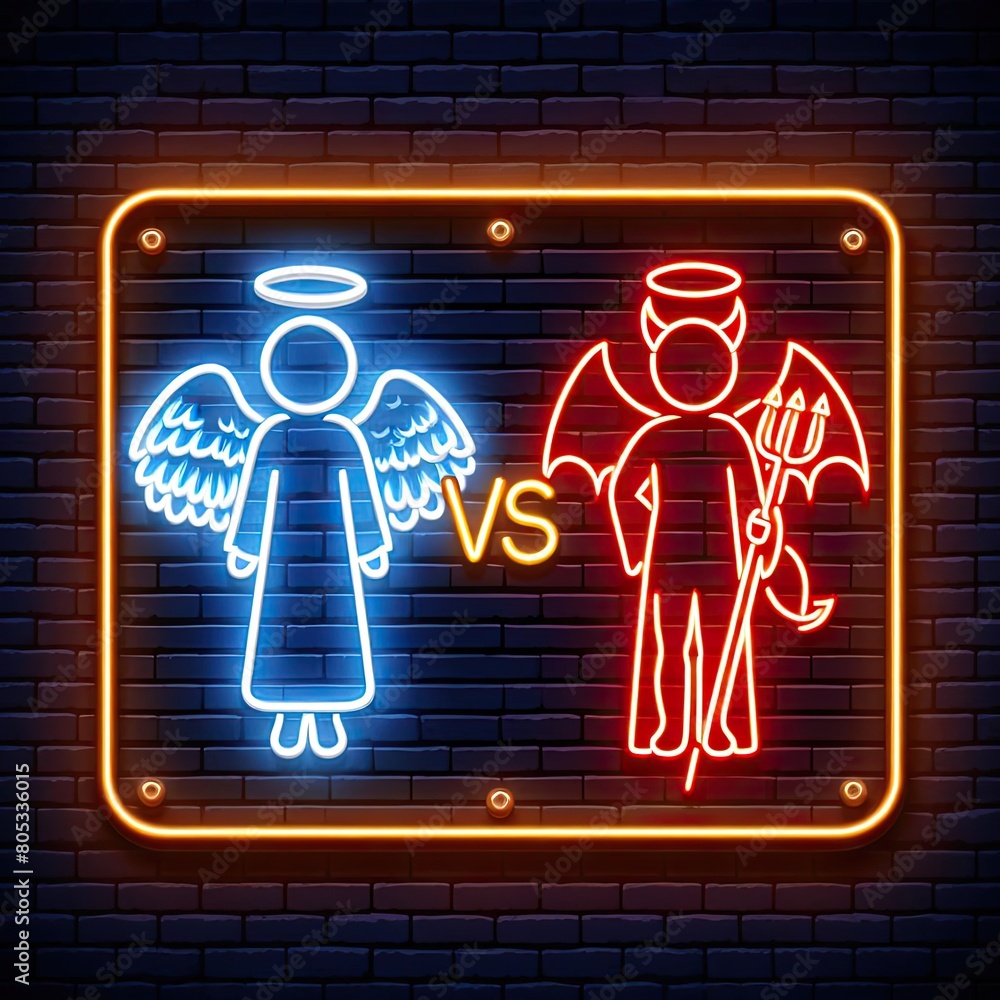 Vector realistic isolated neon sign of Angel Vs Devil frame on the wall ...