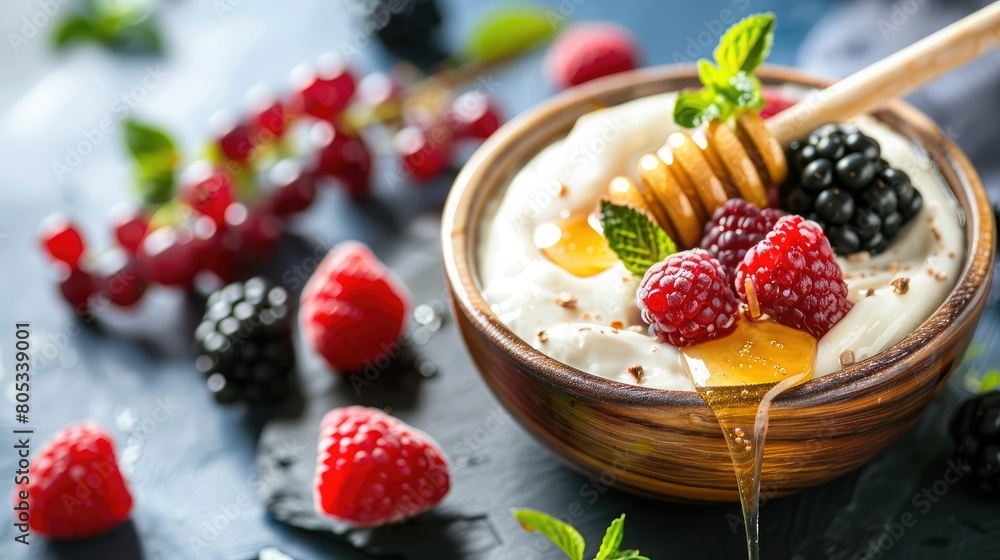 Energy-boosting snacks like Greek yogurt with honey and mixed berries ...