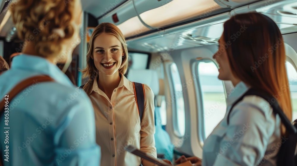 flight attendant assisting passengers with boarding procedures with a ...