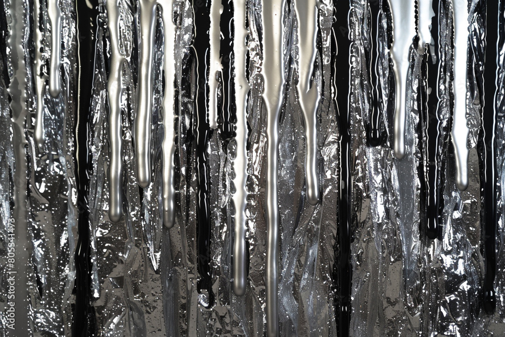 Layers of metallic silver and glossy black paint dripping down a ...