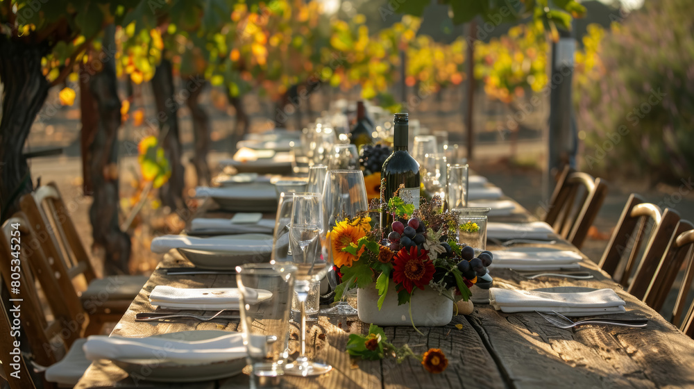 Vineyard dinner table with wine and floral centerpiece. Outdoor dining ...