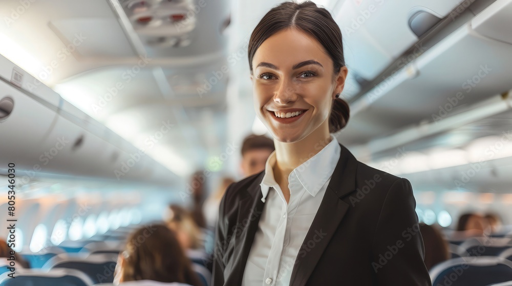 smiling flight attendant guiding passengers to their seats with ...