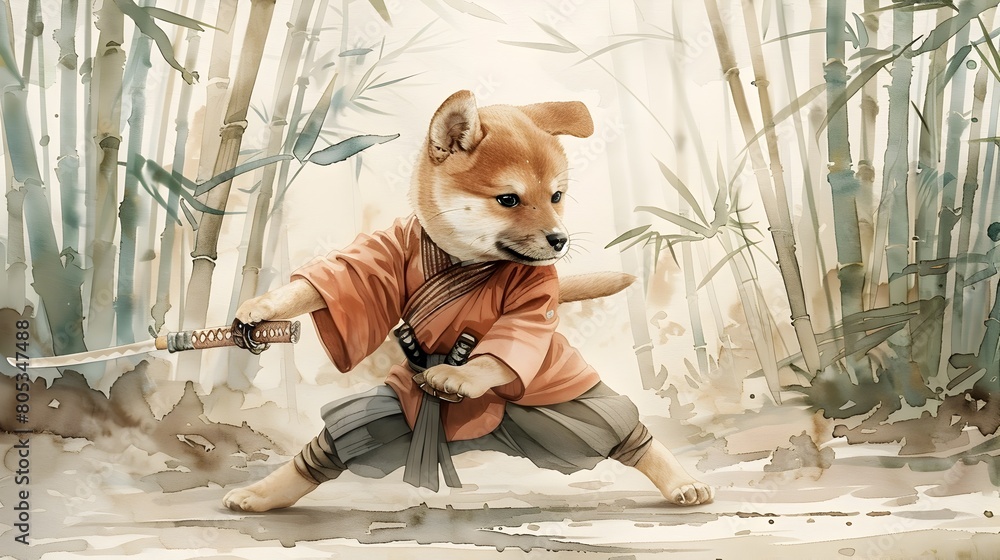 Shiba Inu Pup Practices Samurai Sword Forms in Lush Bamboo Forest ...