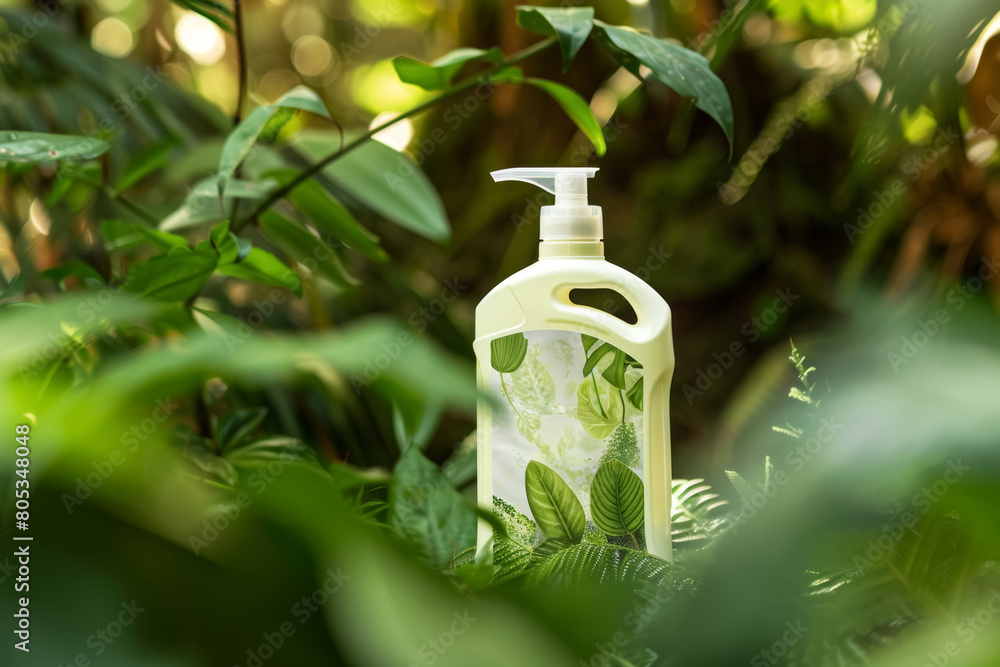 Hand sanitizer dispenser bottle in lush green environment. Eco-friendly ...