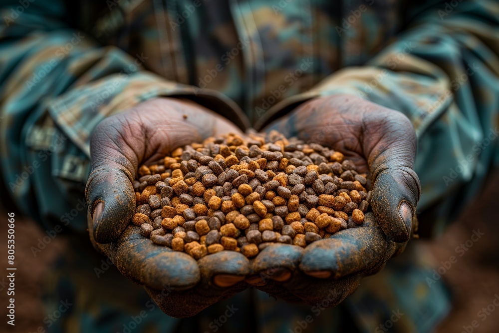 Mature hands cupped together holding a generous amount of dry animal ...