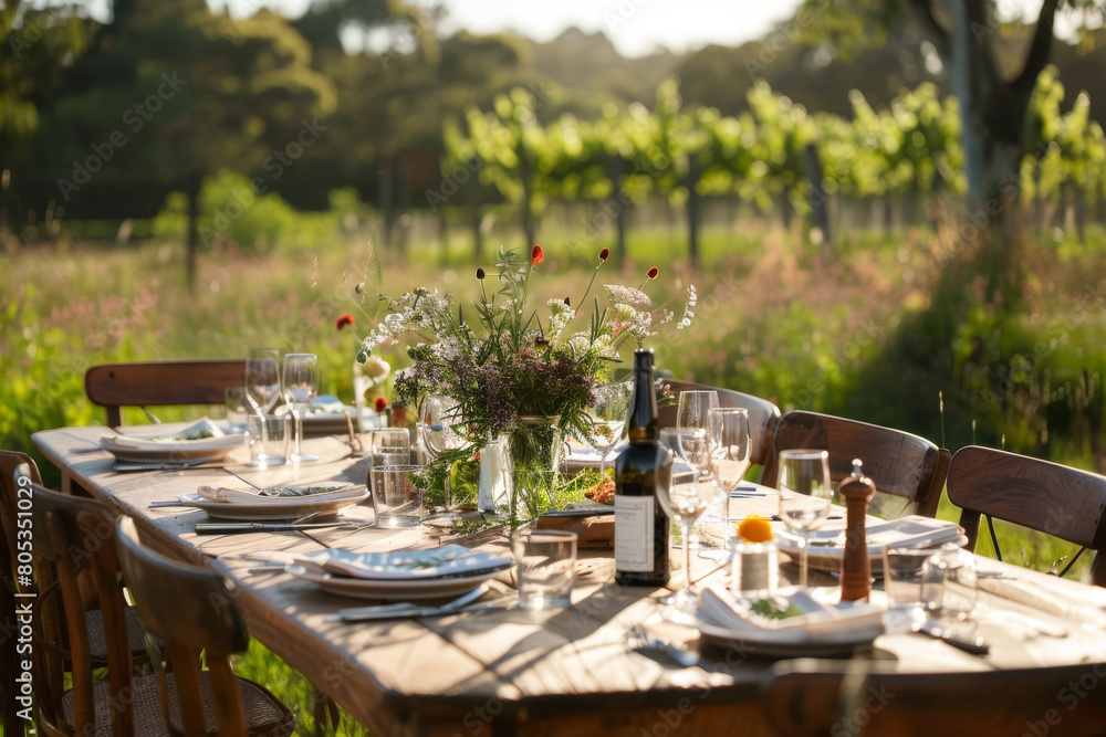 Elegant outdoor dining setup with wine and floral centerpiece. Rustic ...