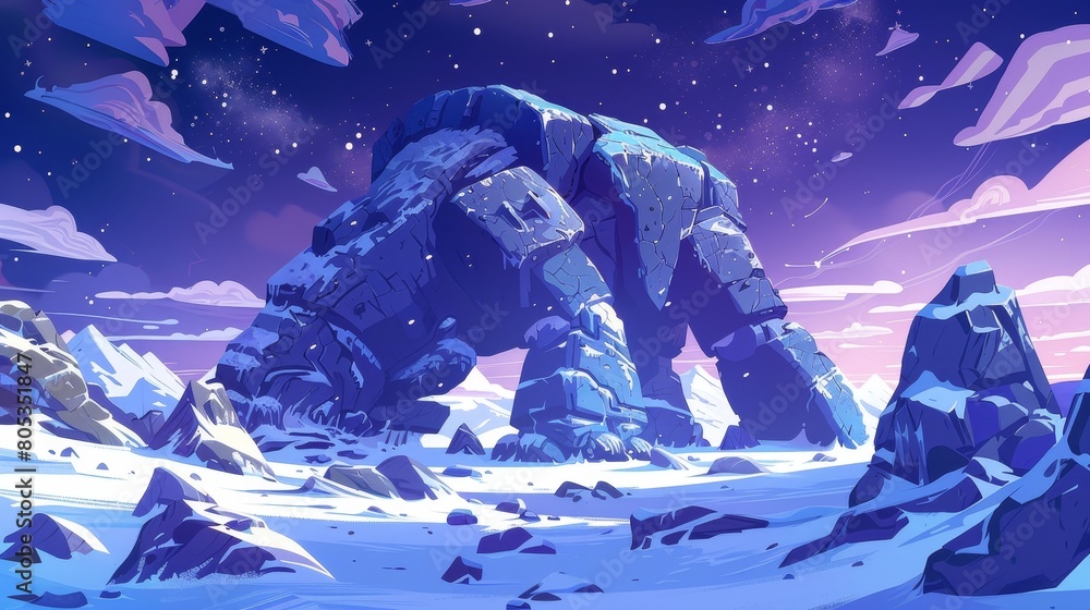 Cartoon illustration of a giant stone golem snoozing on the surface of ...