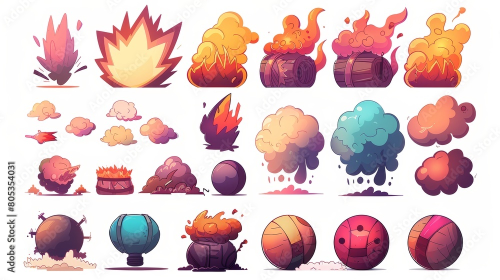 Cartoon dynamite or bomb explosion, fire set. Boom clouds and smoke ...