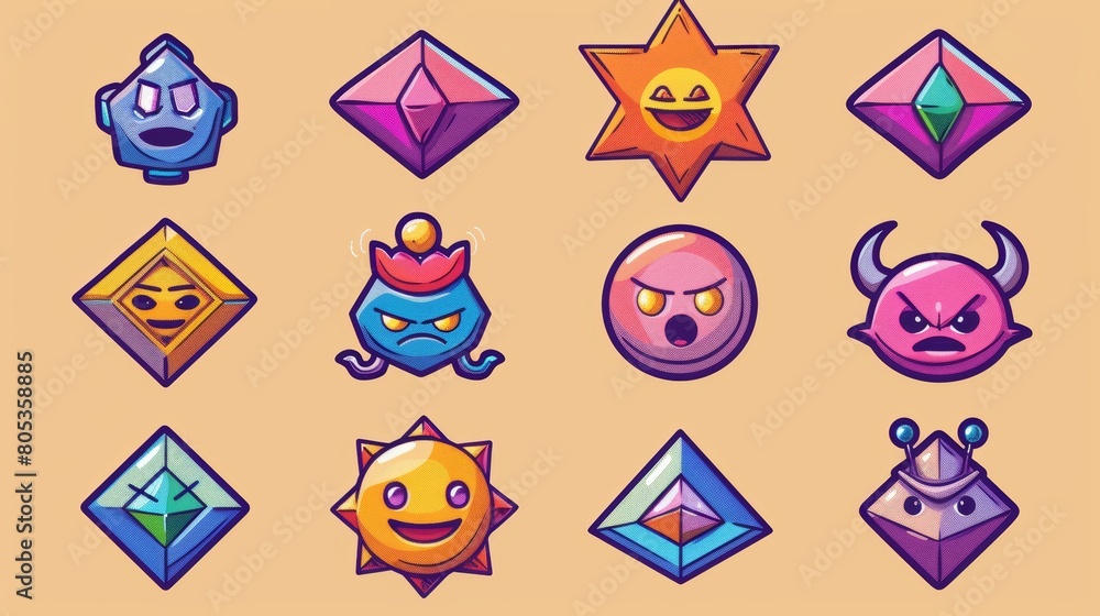 Emoji set with geometric figures. A parallelepiped, a sphere, a hexagon ...