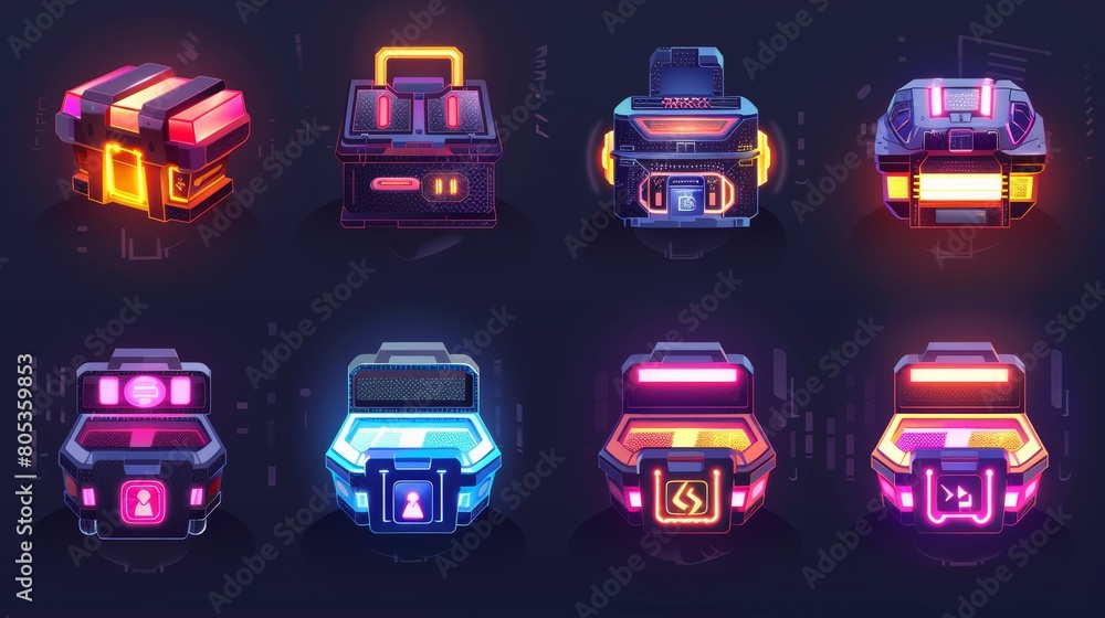 Boxes with futuristic technology, loot boxes with electronic locks and ...