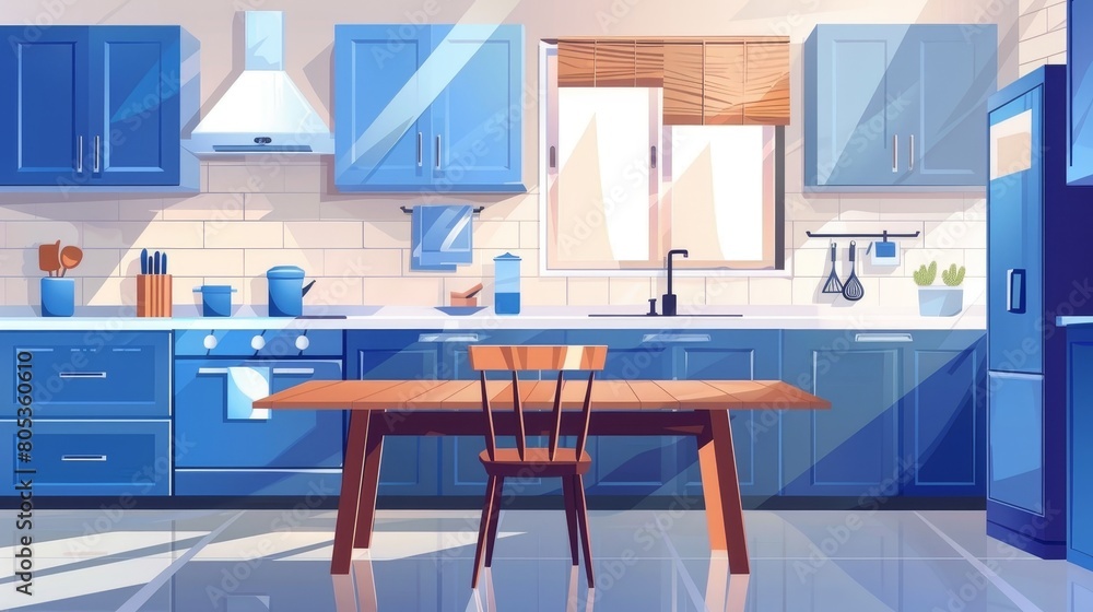 A cartoon kitchen interior with a table illustrates the interior of a ...