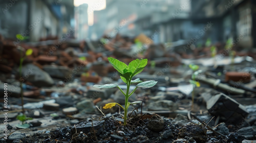 Sprouts emerging amidst debris, wideangle, resilience in pollution ...