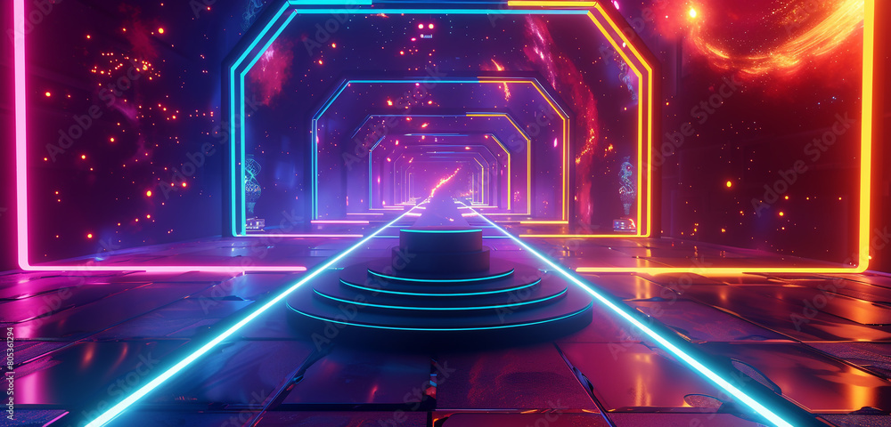 An interdimensional crossroads in the metaverse, marked by a neon ...