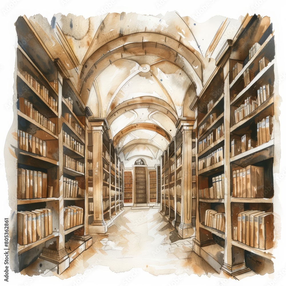 A watercolor painting shows an ancient library filled with towering ...