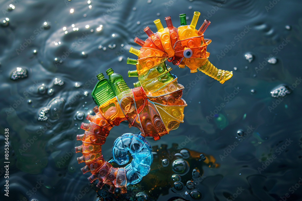 Colorful sea horse sculptures made from recycled plastic bottles ...