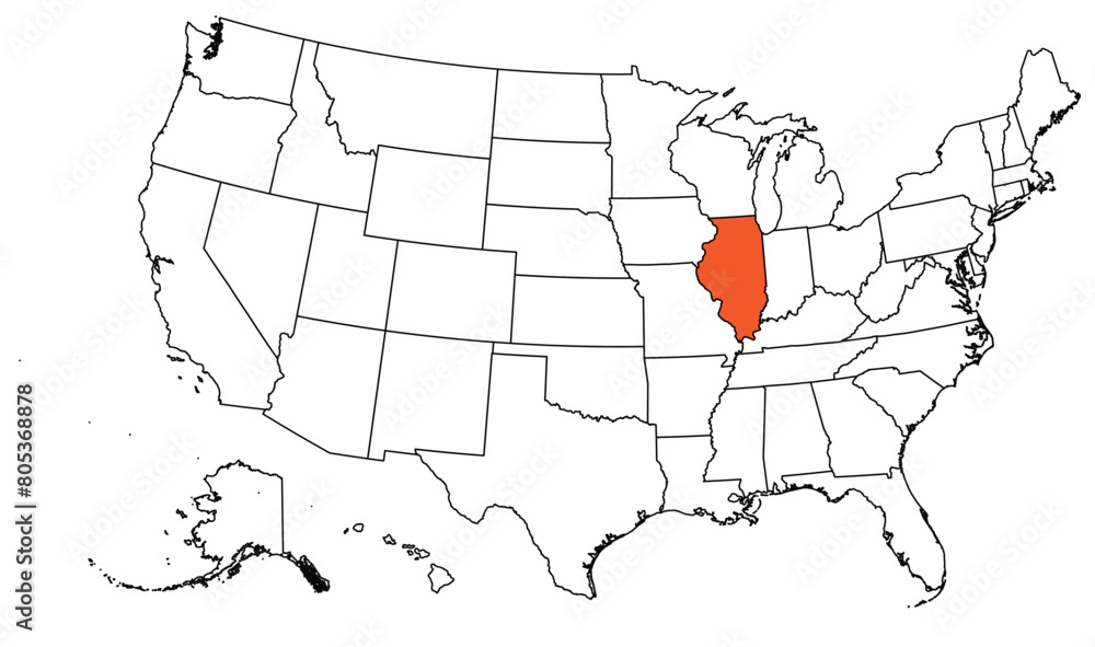 The outline of the US map with state borders. The US state of Illinois ...