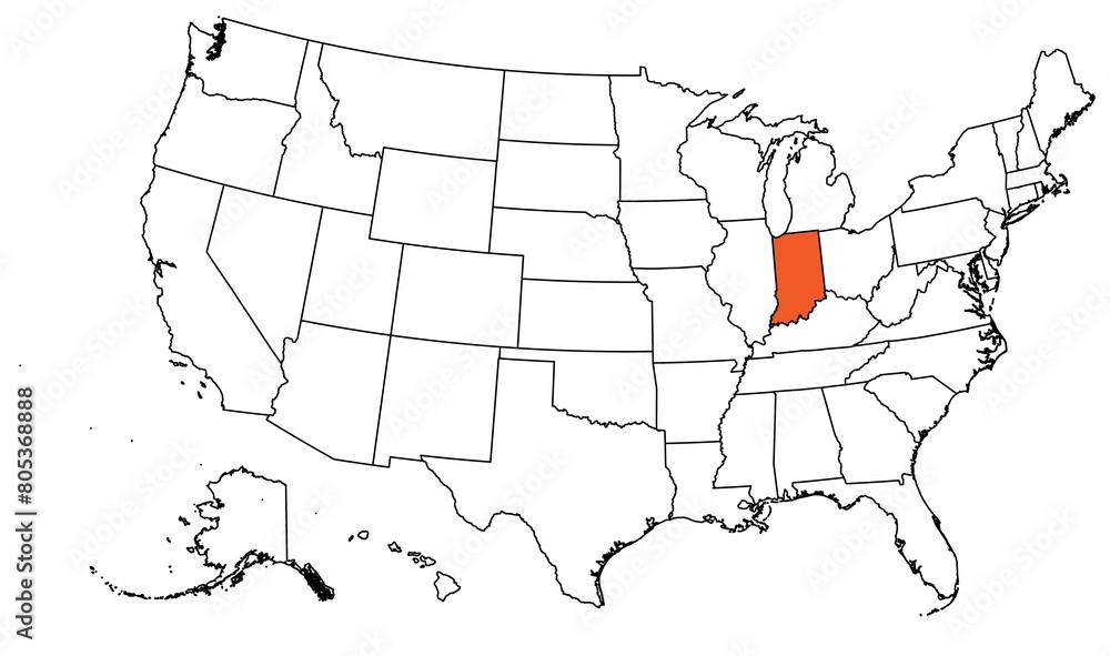 The outline of the US map with state borders. The US state of Indiana ...