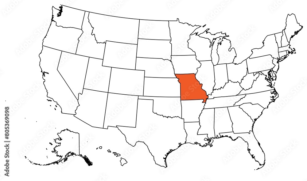 The outline of the US map with state borders. The US state of Missouri ...