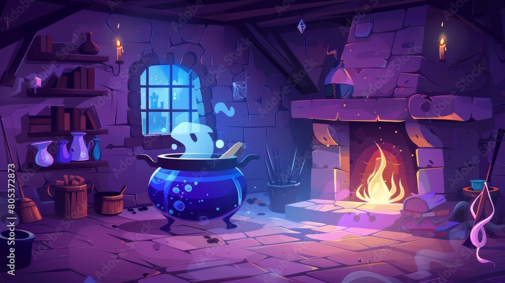 Magic potion boiling in cauldron and mandrake in pot in a witch house ...