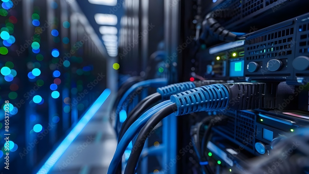 Data center with network equipment fiber optics and internet cables in ...
