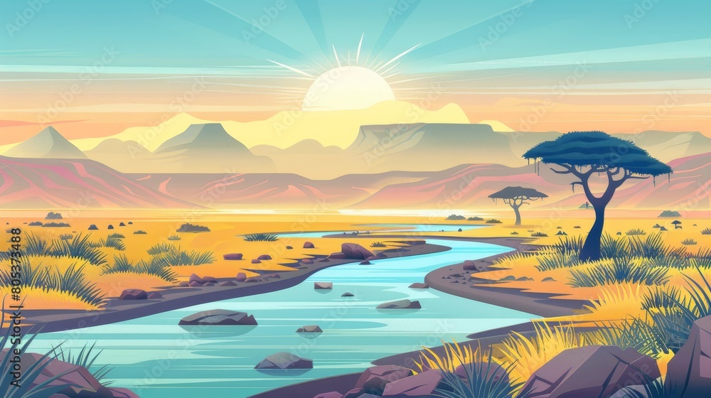 Animated cartoon illustration of an african savanna with trees, rivers ...