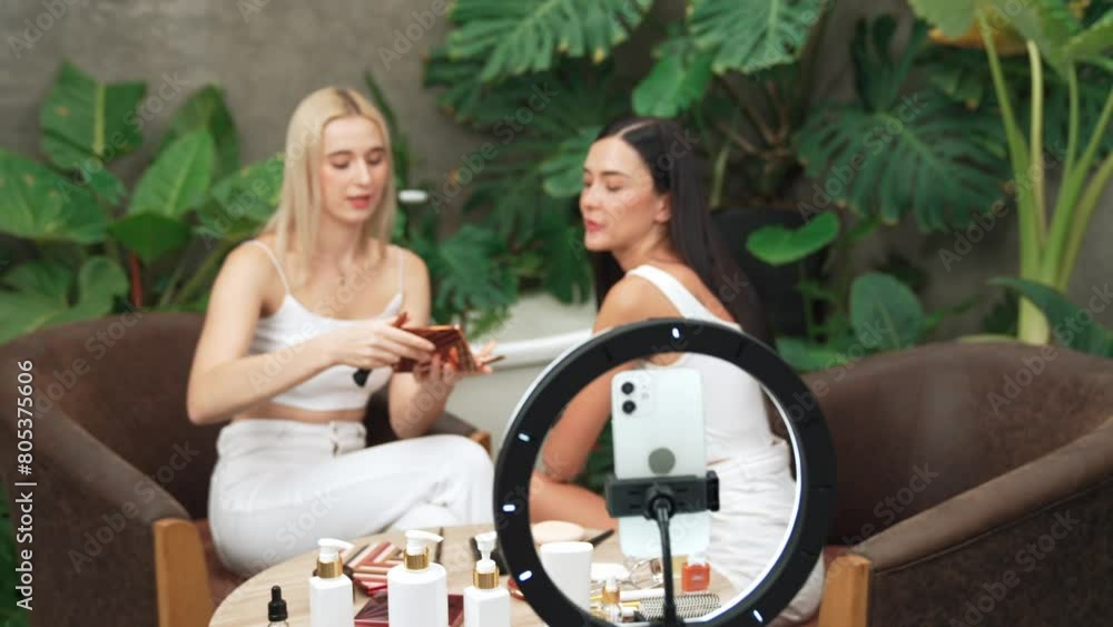 Two beautiful content creator making natural beauty and cosmetic ...