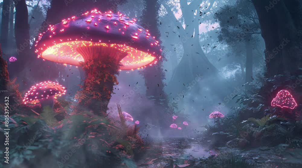 Glowing Mushroom in Fantasy Forest. Mystical Scene with Bioluminescent ...