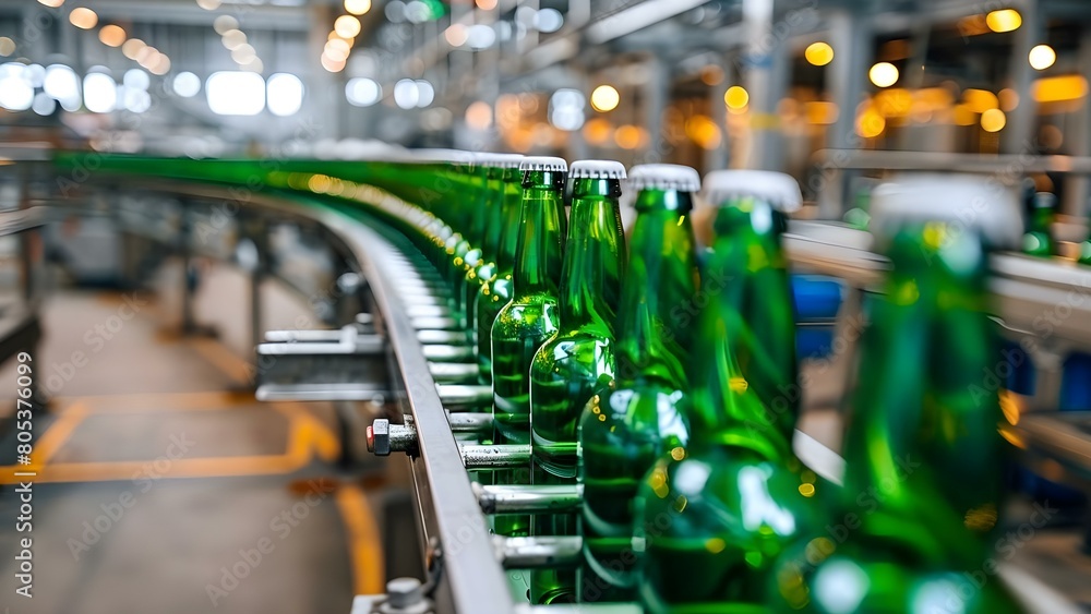 Factory background with green beer bottle production line technology ...