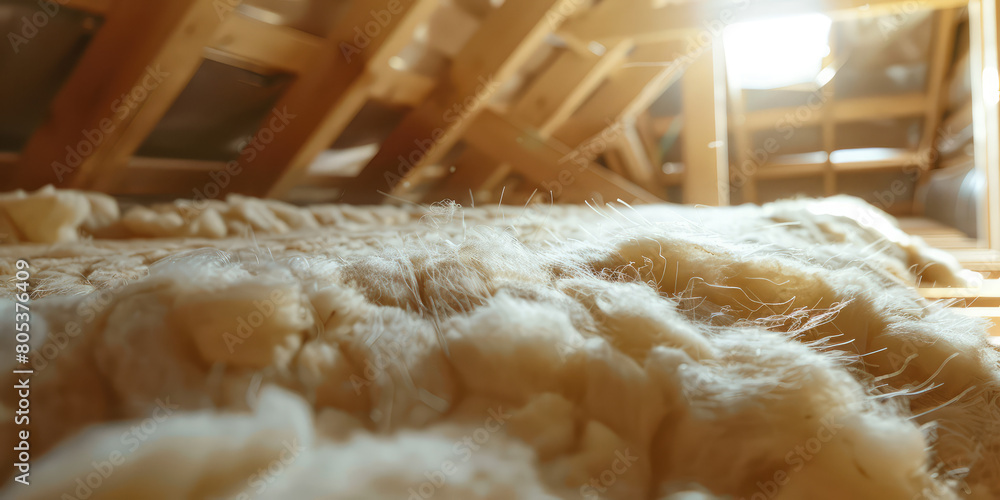 Insulation of a roof structure with wood wool. Close-up of a layer of ...