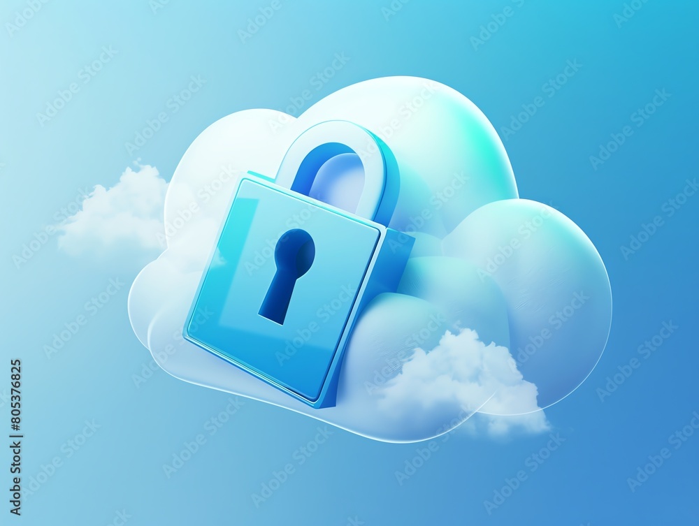 Vector icon of a secure cloud with a lock, floating against a digital ...