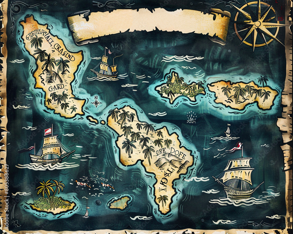 Vintage Caribbean Pirate Map with Islands and Ships Stock Illustration ...