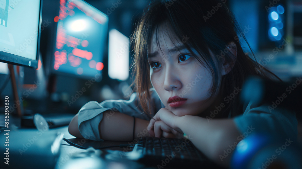 depressed,sadness,programmer Woman hunched over a messy desk in a dimly ...