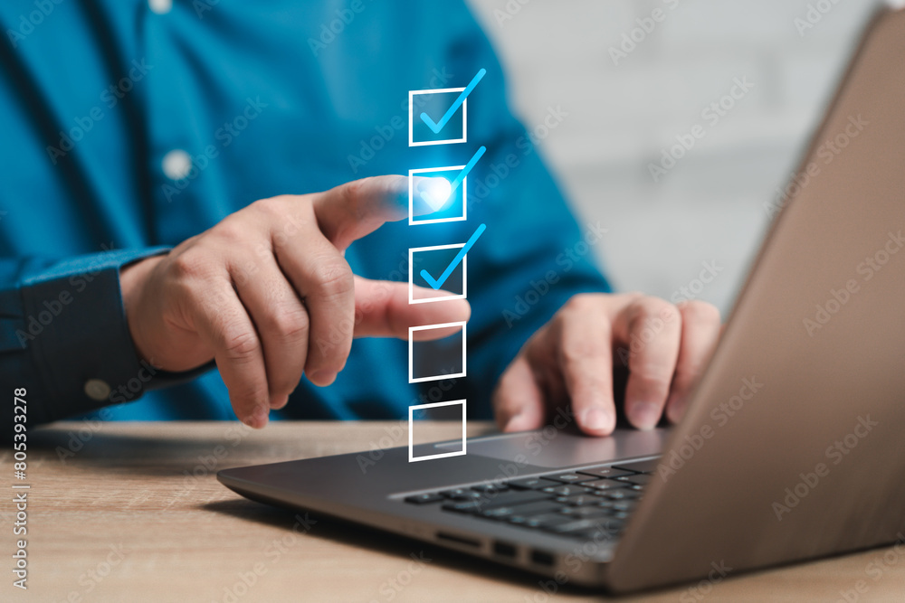 Digital checklist online, Business performance checklist concept, Businessman tick correct sign ...