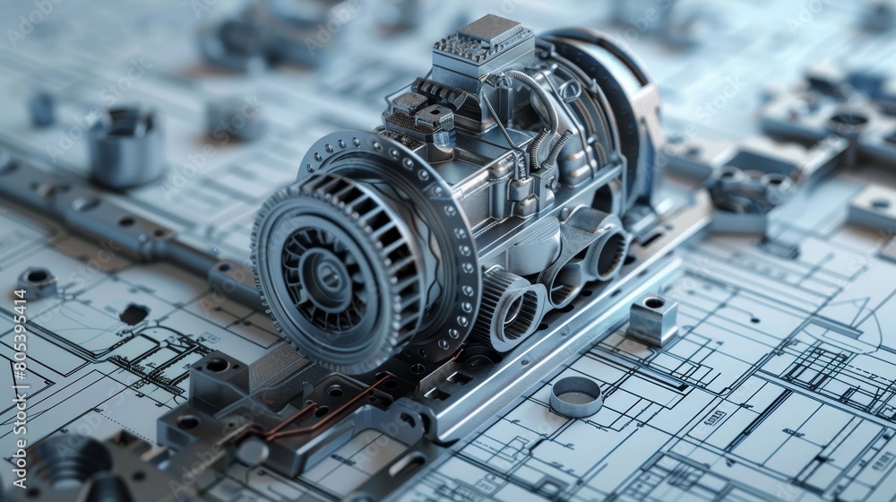 3D engine graphic on top of layered engineering blueprints ...