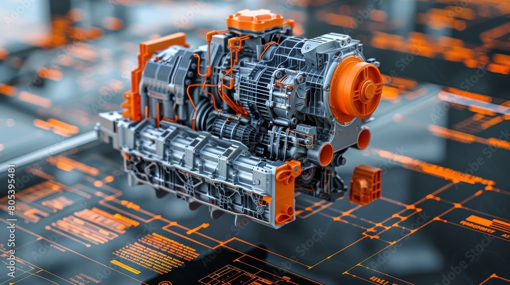 3D model of an engine displayed above detailed engineering schematics, highlighting mechanical ...
