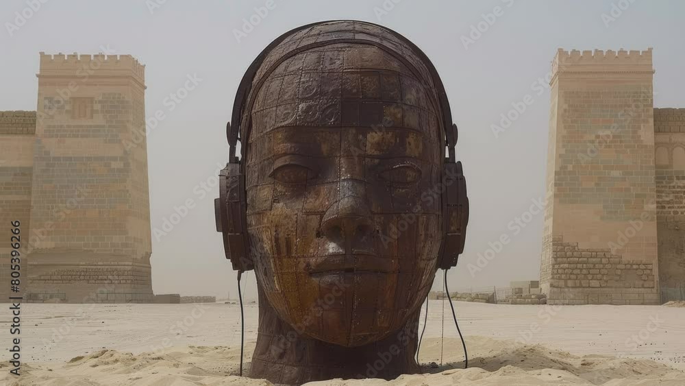 ancient stone heads in dystopian desert setting wearing headphones on ...