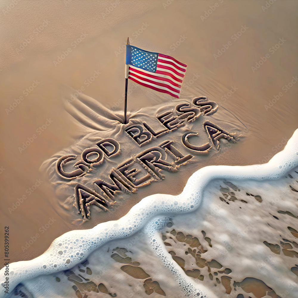 A United States flag is proudly planted in the sand, where the words ...