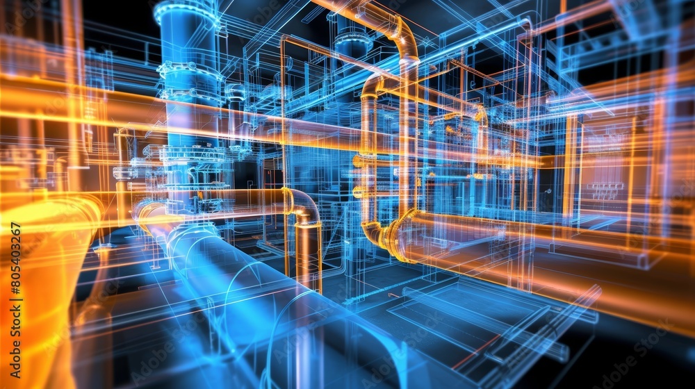 AI-generated blueprint of building piping systems, refined by hand to ...