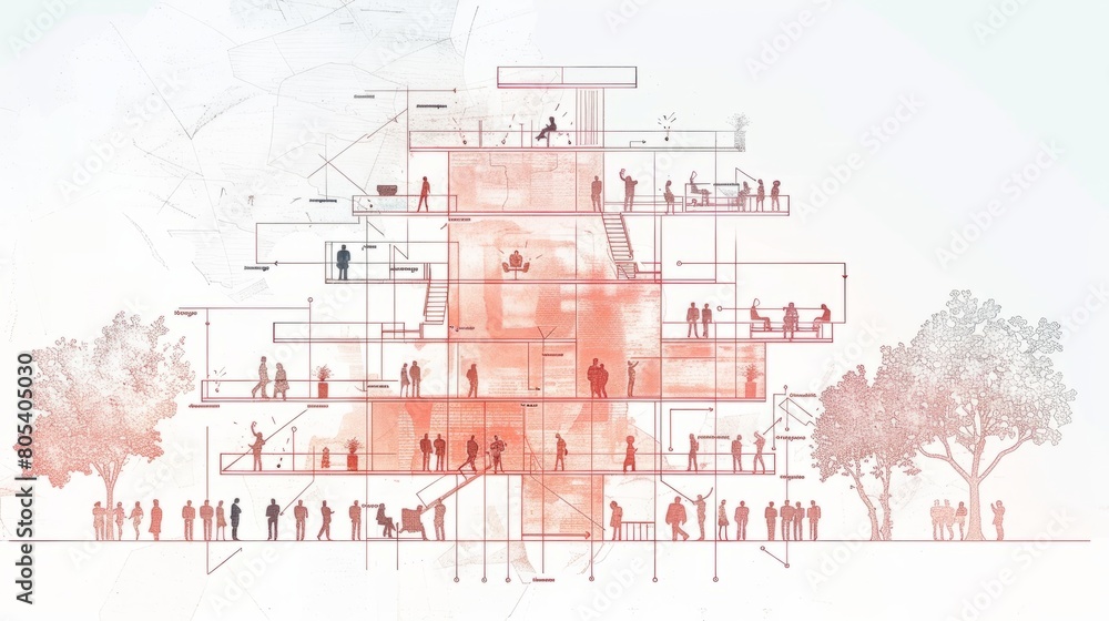 Isometric cutaway illustration of a modern co-working office space with ...