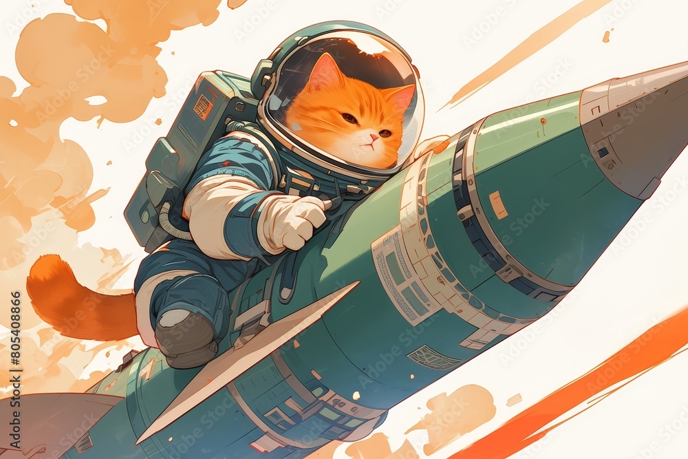 Cute cartoon cat in astronaut suit riding on rocket, white background ...