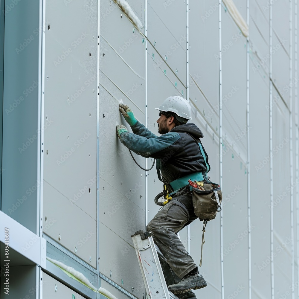 Thermal insulation of the exterior wall panel. Worker man insulates ...