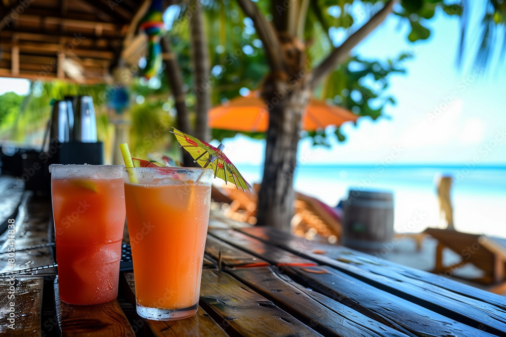beach bar, view of the beach tropical drinks served at a beach bar ...