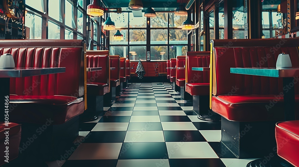 Vintage diner interior with checkered floors and red vinyl booths ...