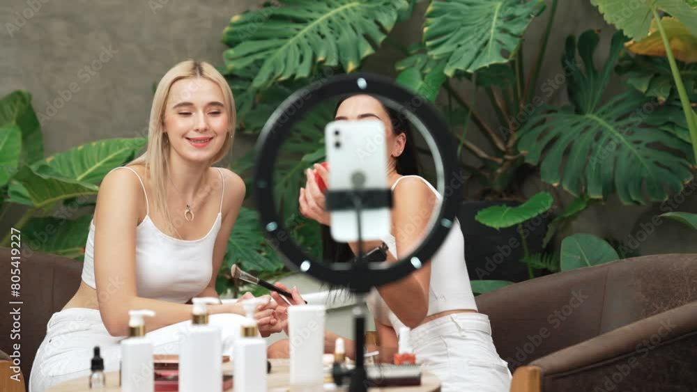 Two beautiful content creator making natural beauty and cosmetic ...